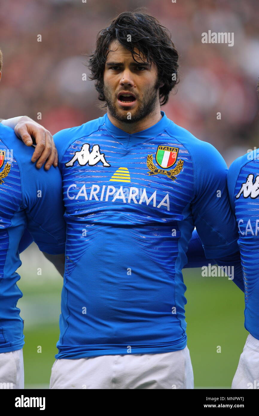 Luke McLean of Italy sings the national anthem before the start of the ...