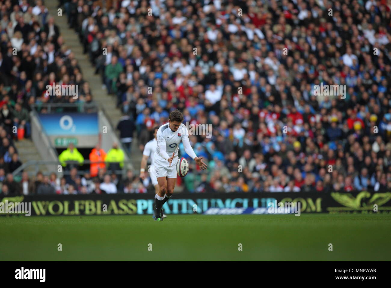 Toby Flood of England drop kicks to restart the match during the ...