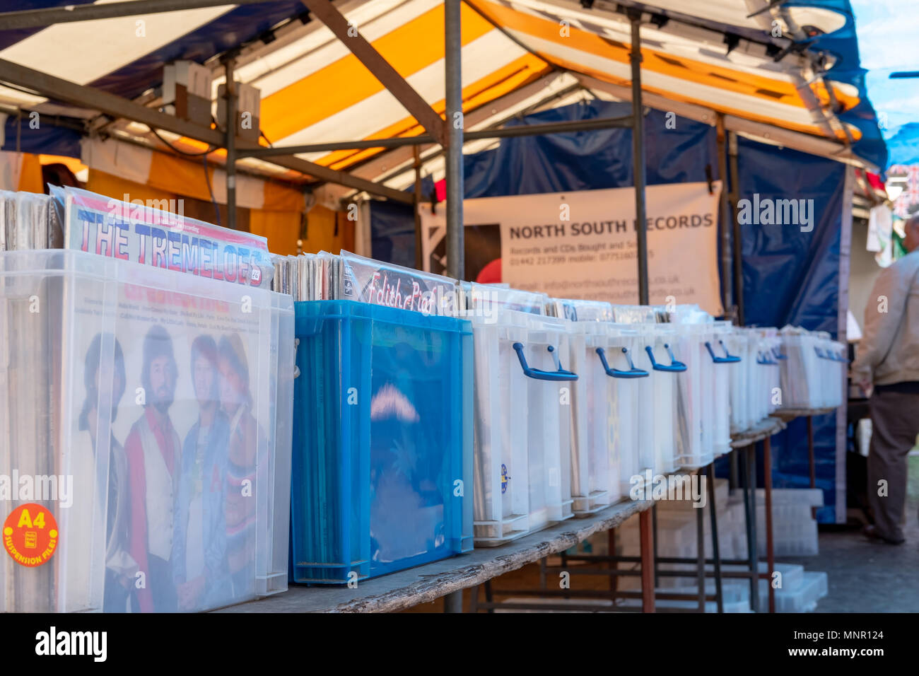 Close-up image of nostalgic vinyl records from various artists seen ...