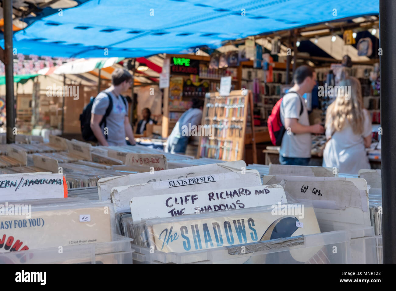 Shallow focus view of nostalgic, vinyl records being sold in an English ...