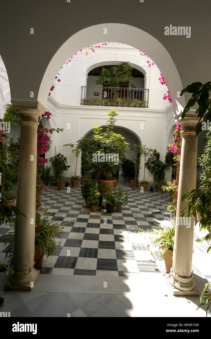 A large Spanish inner courtyard with Moorish architectural arches in a ...