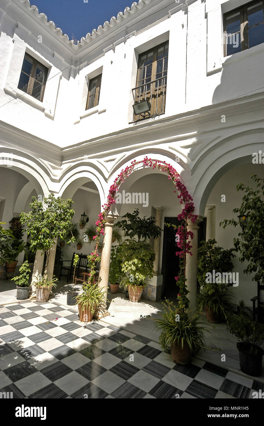 A large Spanish inner courtyard with Moorish architectural arches in a ...