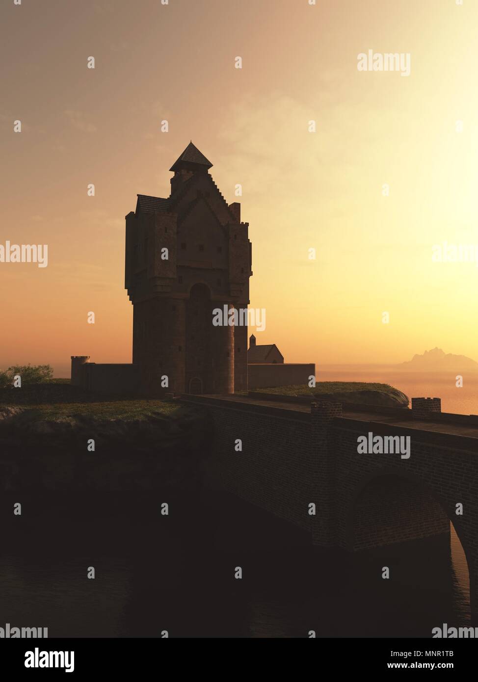 Medieval Tower House Castle at Sunset Stock Photo - Alamy