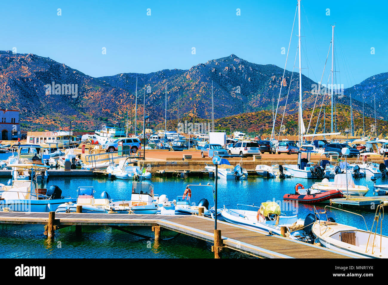 Port with ships and yachts, Villasimius, South Sardinia, in Italy Stock ...