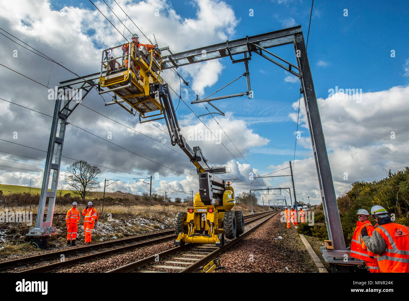 Railway workers working on overhead lines Stock Photo - Alamy