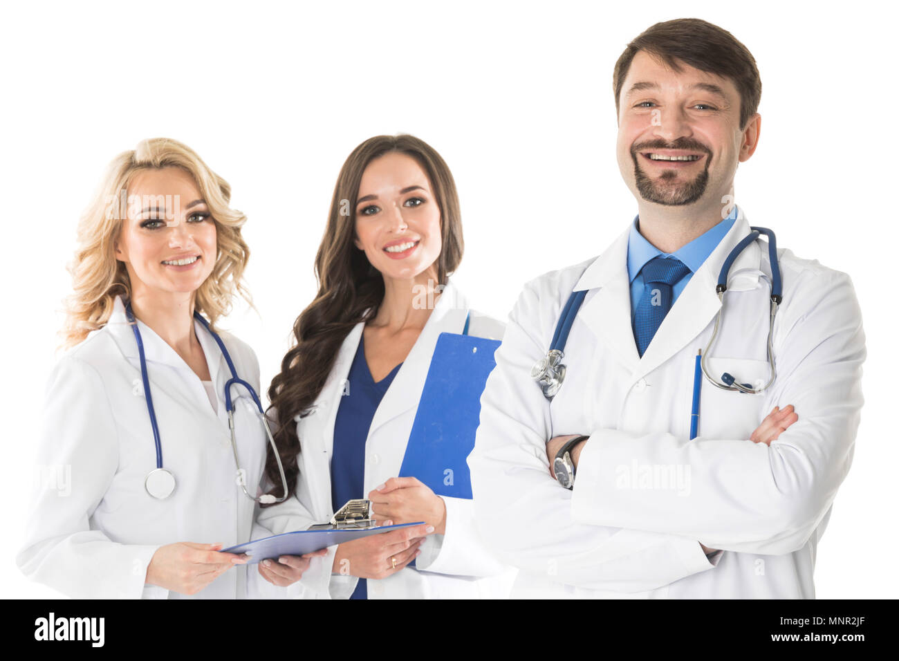 Group portrait of confident happy doctors isolated on white background ...