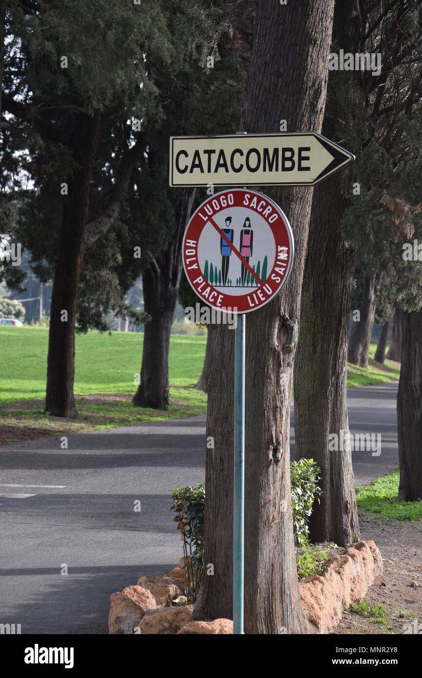 Warning sign for no bare arms or shoulders at Catacombs of St ...