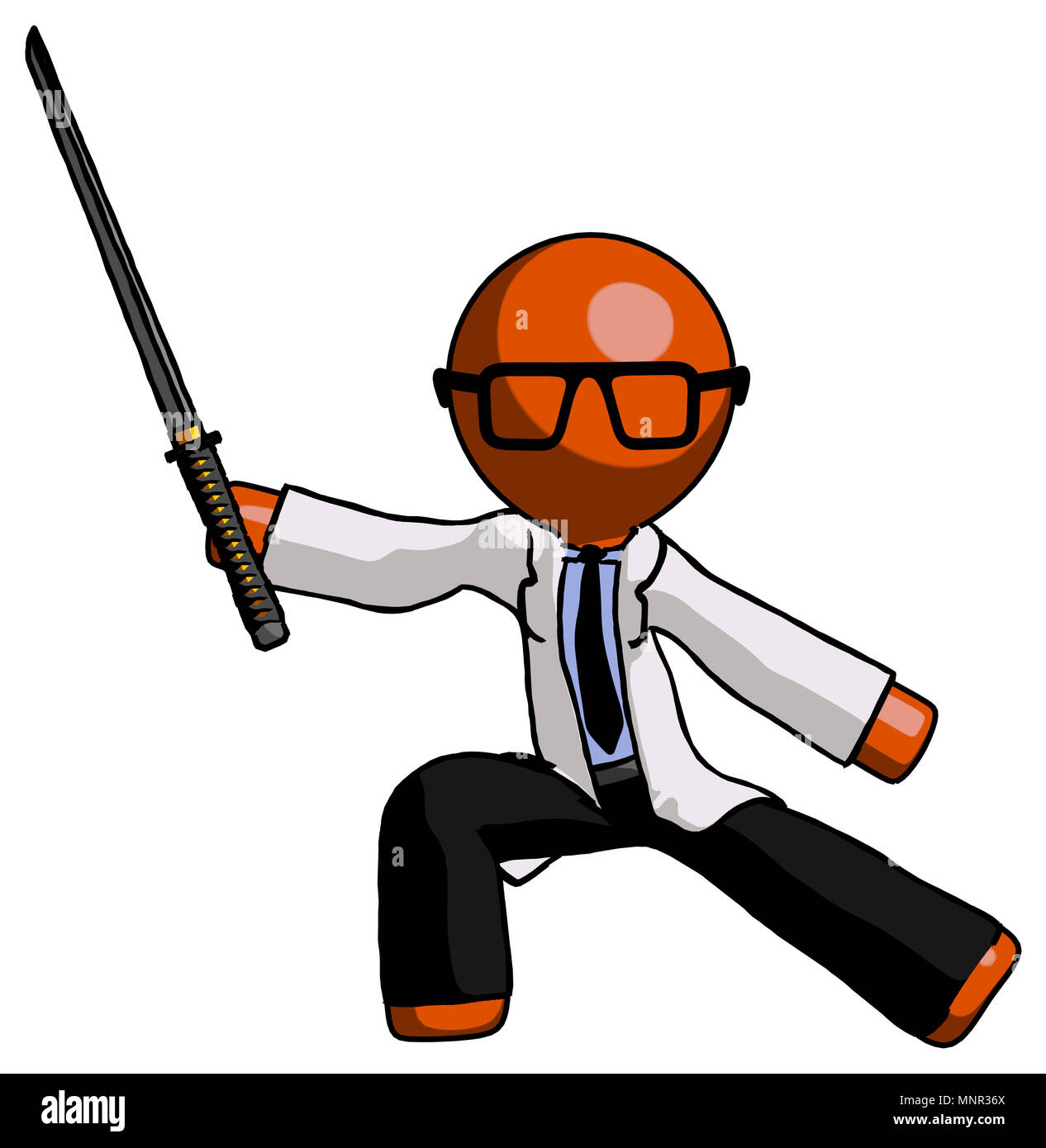 Orange doctor scientist man with ninja sword katana in defense pose ...