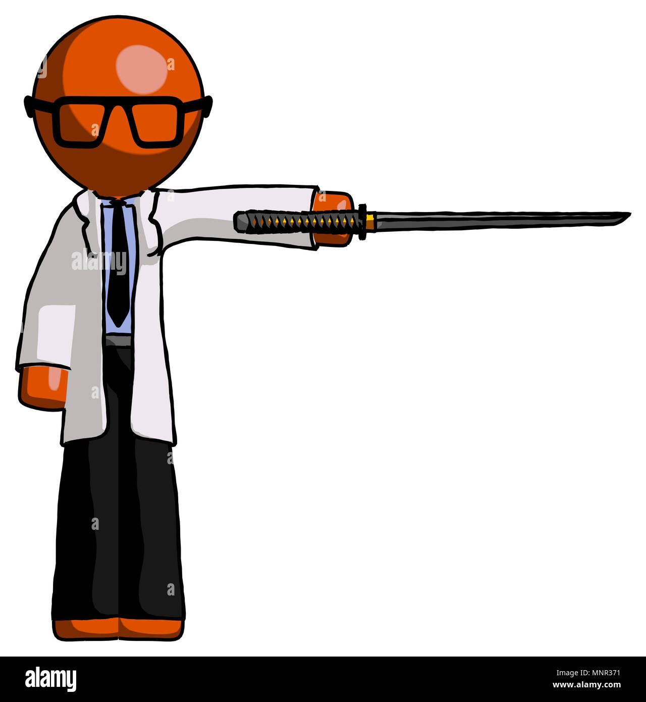 Orange doctor scientist man standing with ninja sword katana pointing ...