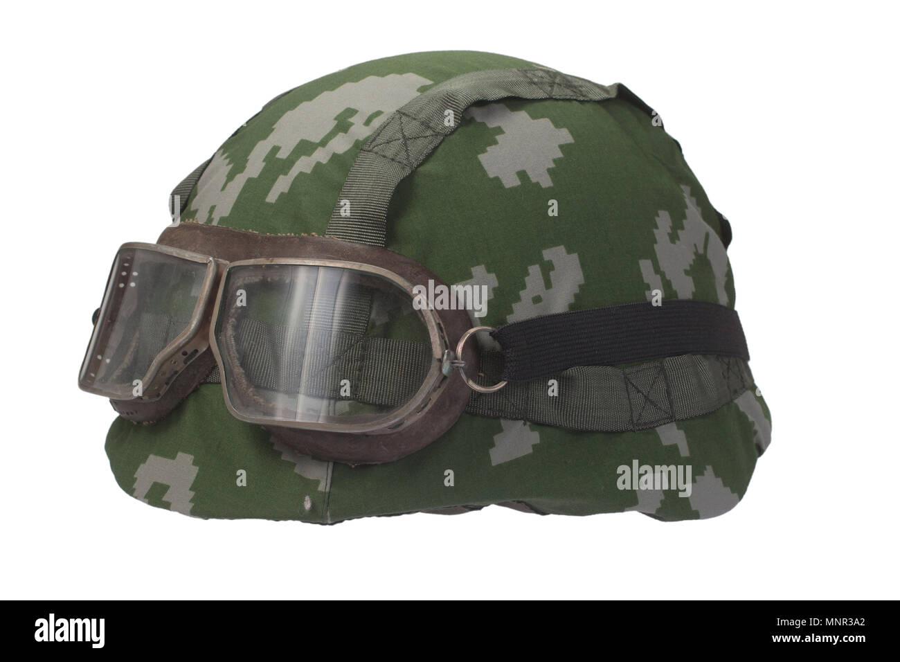 helmet with camouflage cover and protective goggles Stock Photo - Alamy