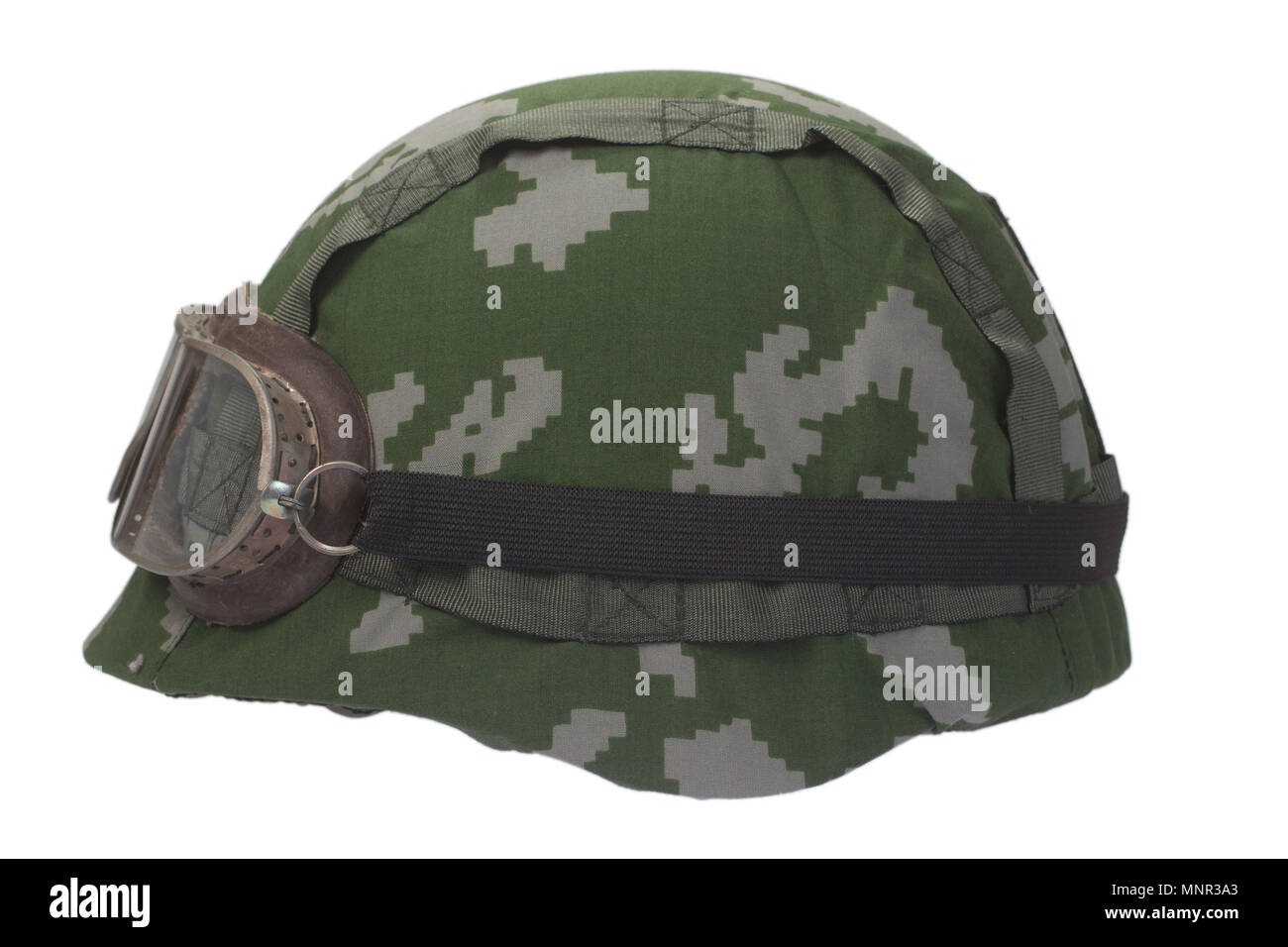 helmet with camouflage cover and protective goggles Stock Photo - Alamy