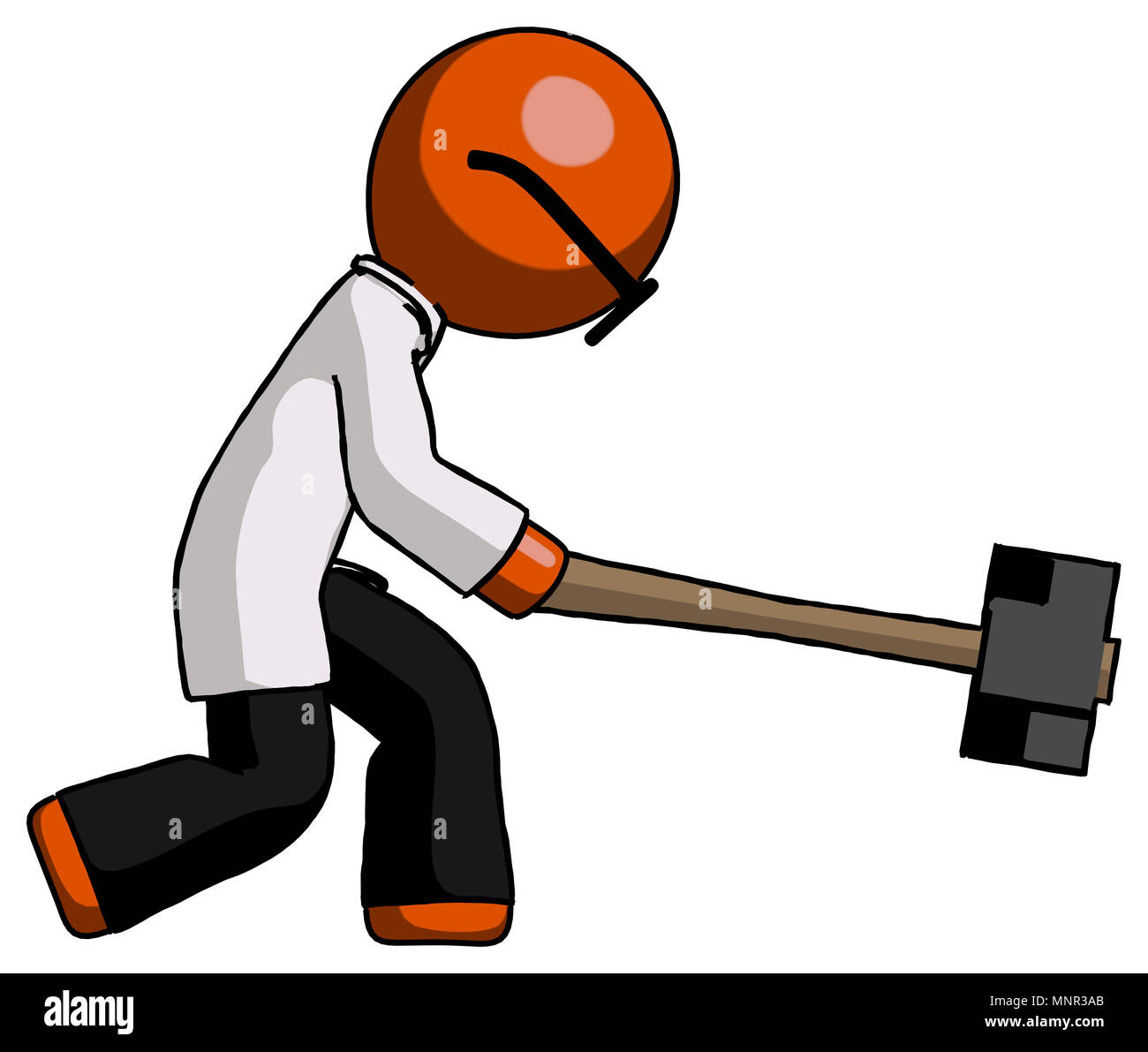 Orange doctor scientist man smashing with sledgehammer, or hitting ...