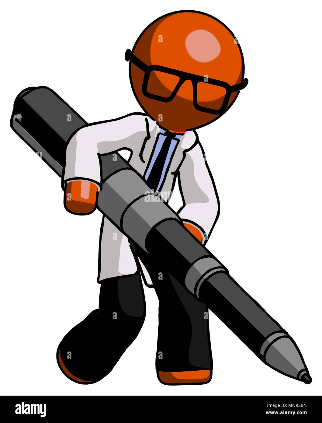 Orange doctor scientist man writing with a huge pen Stock Photo - Alamy