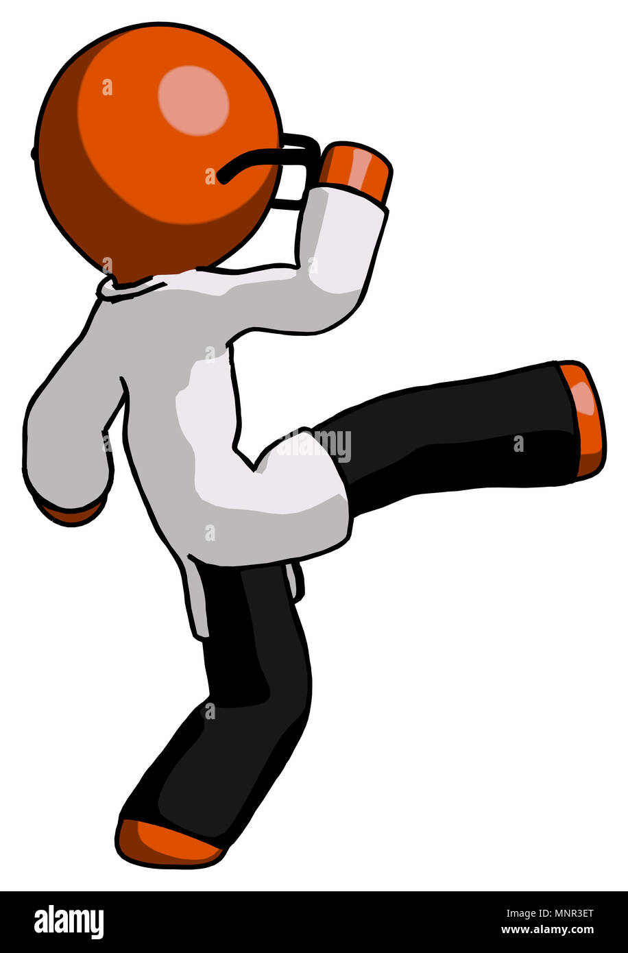 Orange doctor scientist man kick pose Stock Photo - Alamy