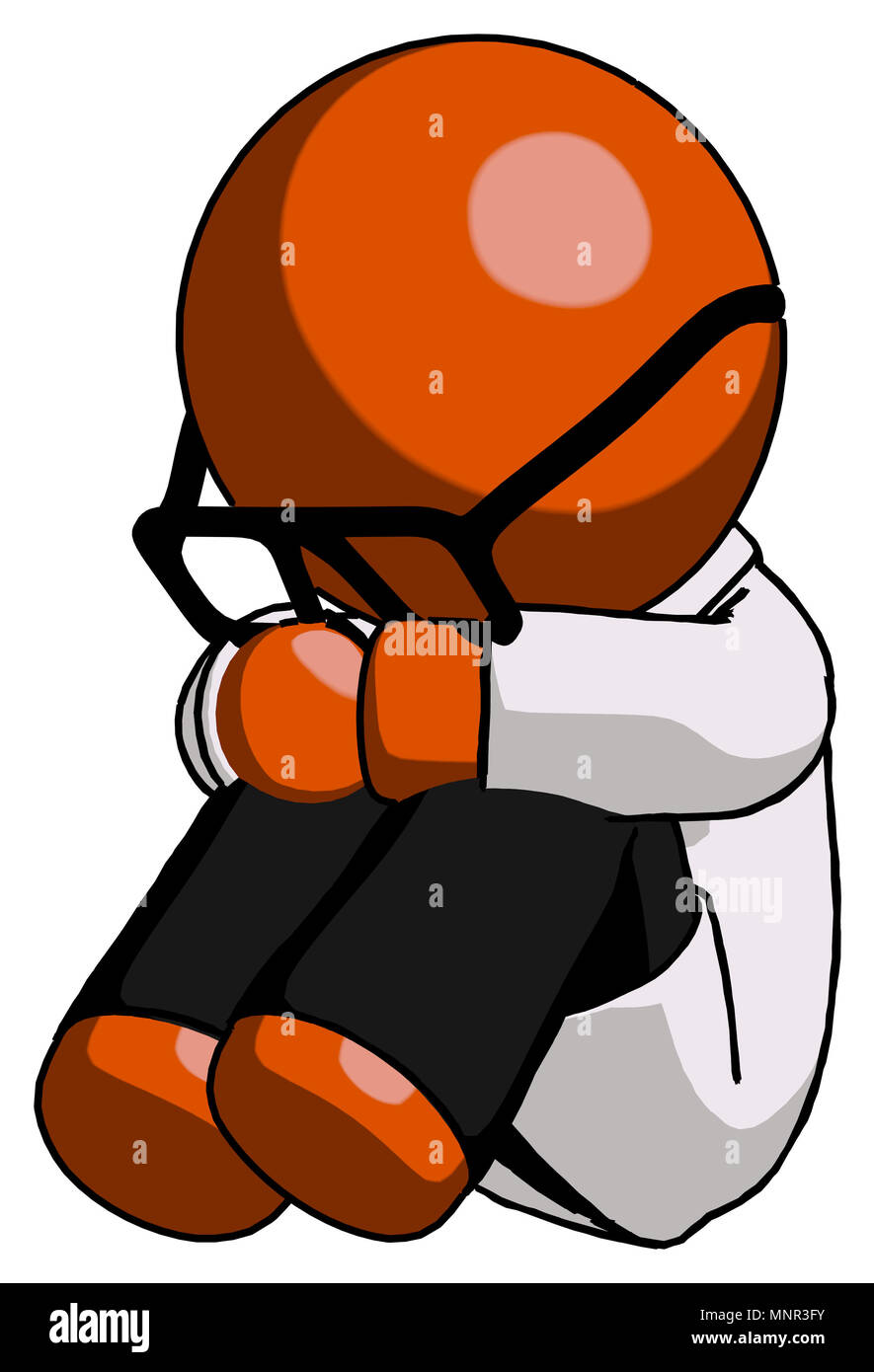 Orange doctor scientist man sitting with head down facing angle left ...