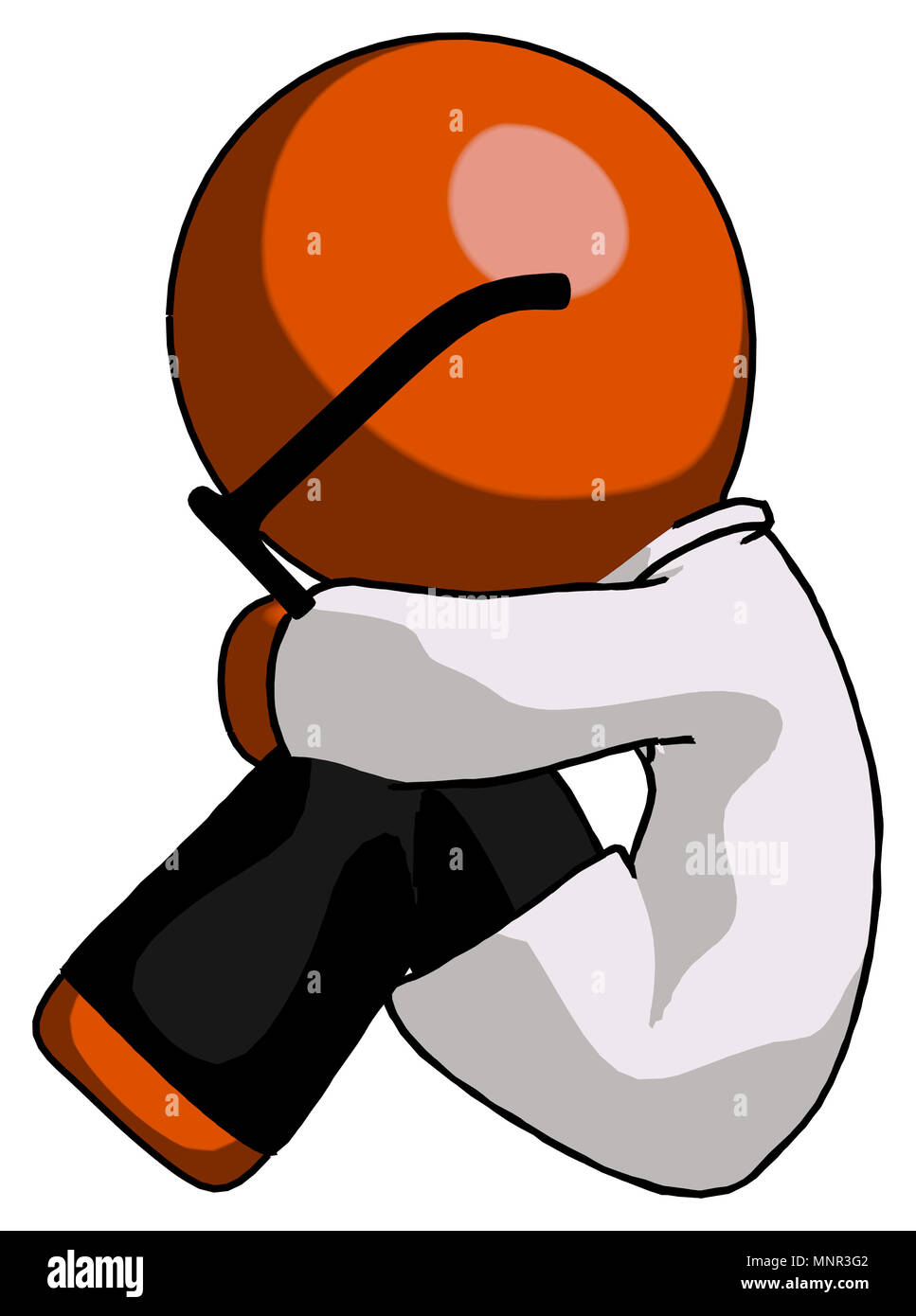 Orange doctor scientist man sitting with head down facing sideways left ...