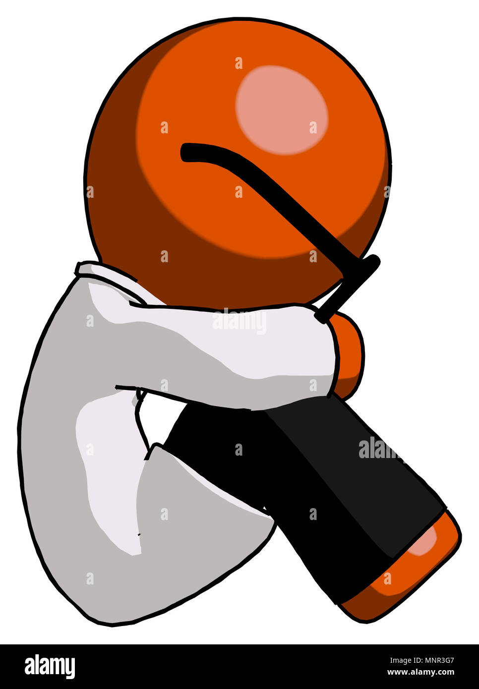 Orange doctor scientist man sitting with head down facing sideways ...