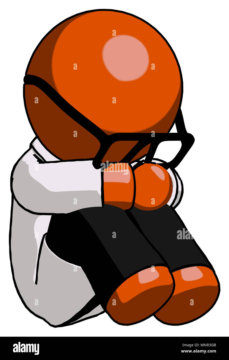 Orange doctor scientist man sitting with head down facing angle right ...