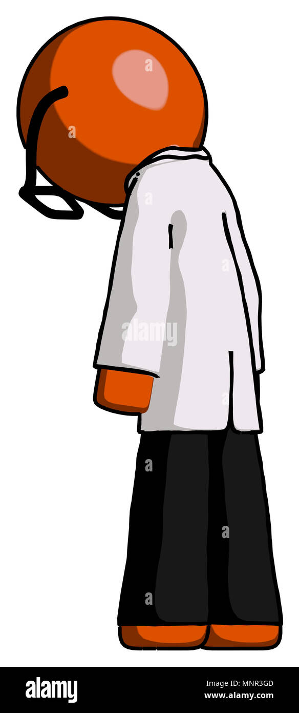 Orange doctor scientist man depressed with head down, back to viewer ...