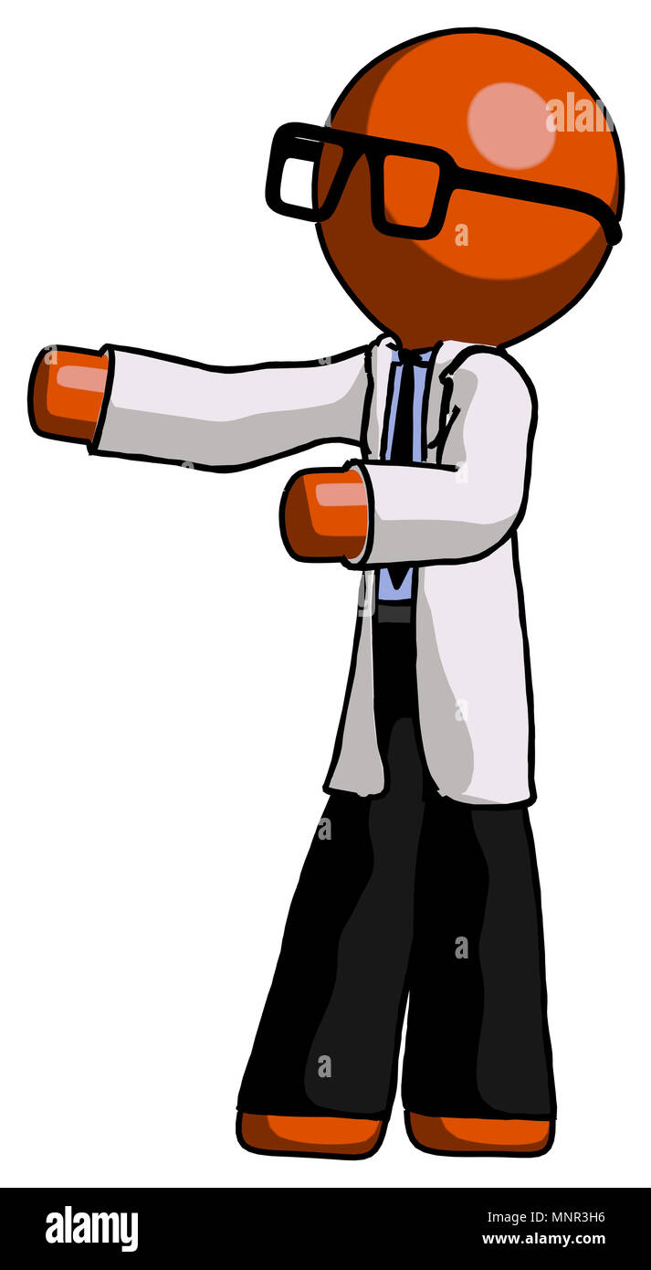 Orange doctor scientist man presenting something to his right Stock ...