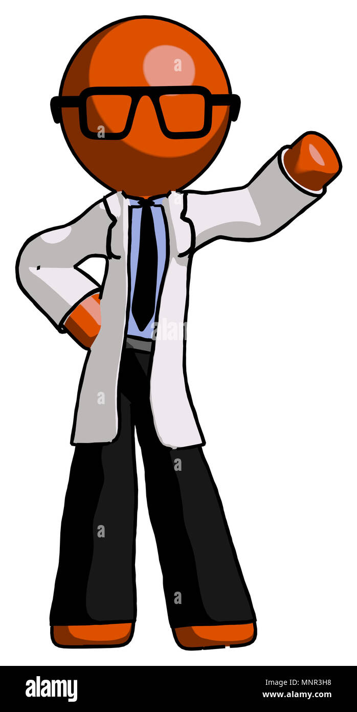 Orange doctor scientist man waving left arm with hand on hip Stock ...