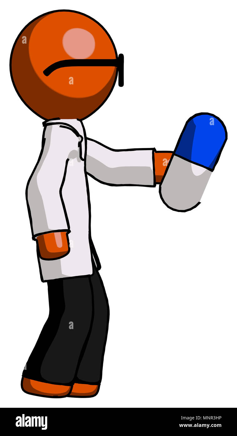 Orange doctor scientist man holding blue pill walking to right Stock ...