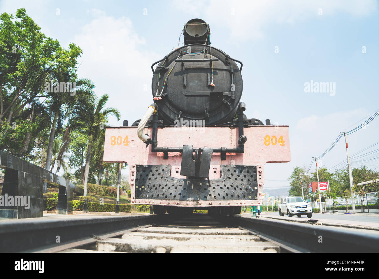 the ancient steam engine locomotive world war II train at Kanchanaburi ...