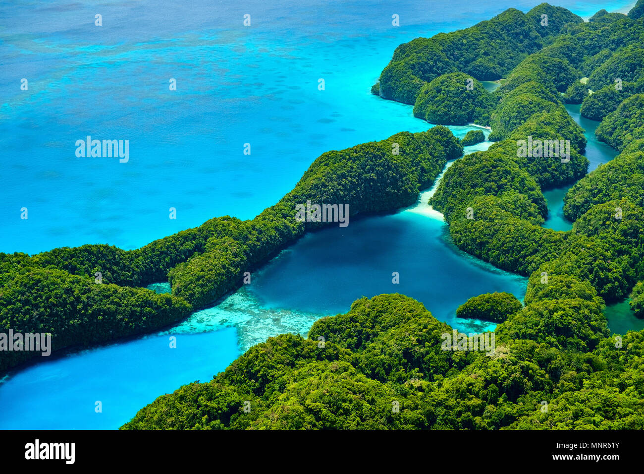 Beautiful view of Palau tropical islands and Pacific ocean from above ...