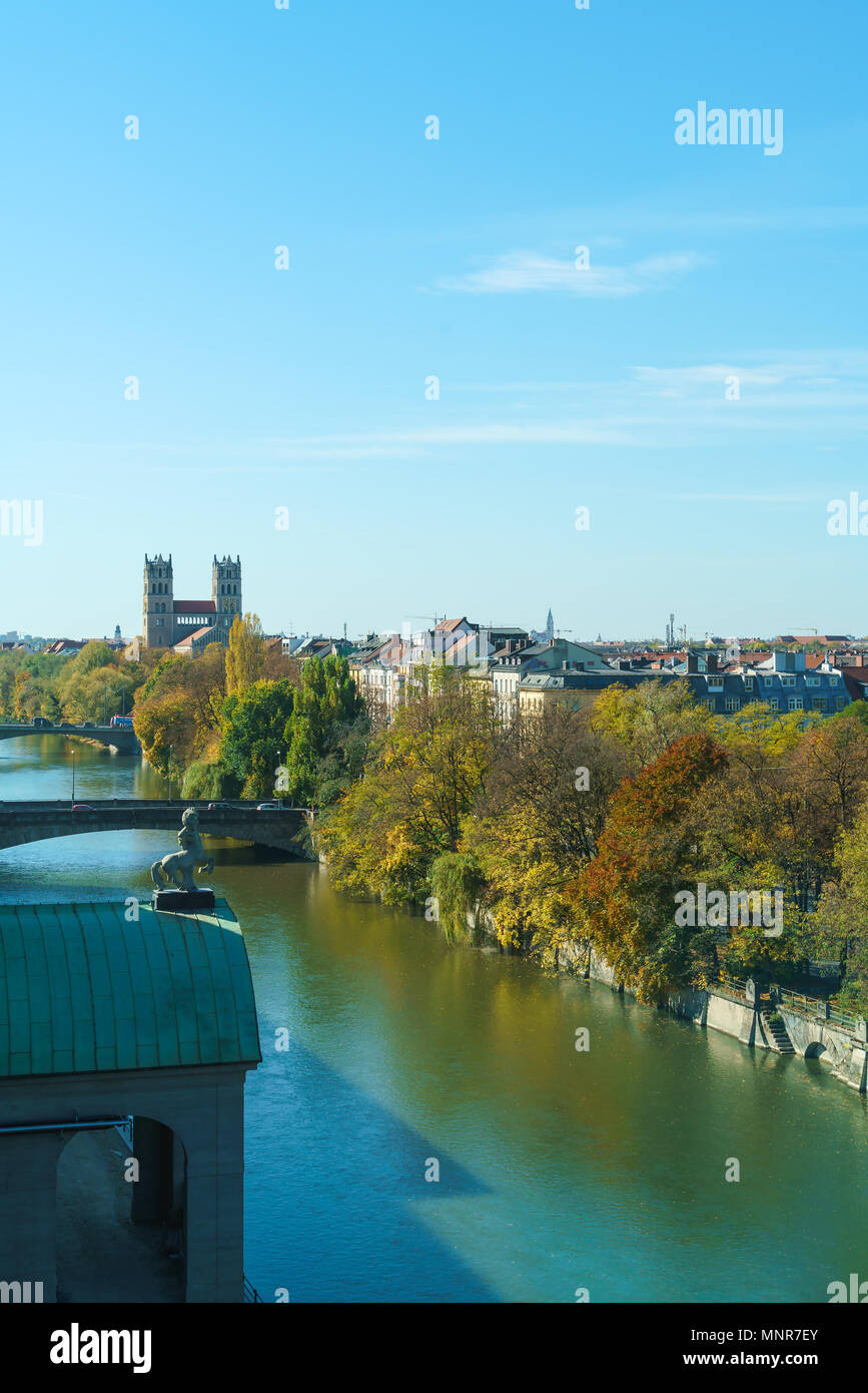 Aerial View of the river Isar with bridges Maximilianbrucke and ...