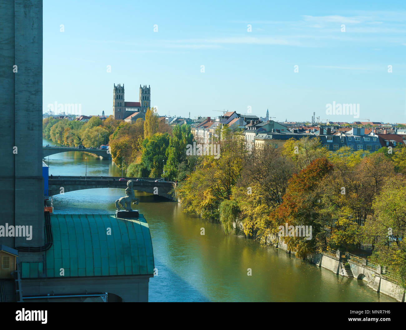 Aerial View of the river Isar with bridges Maximilianbrucke and ...
