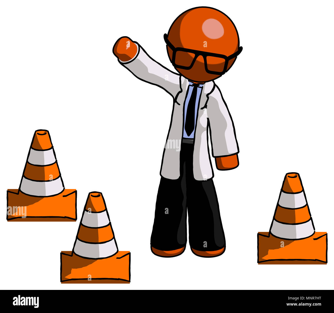 Orange doctor scientist man standing by traffic cones waving Stock ...