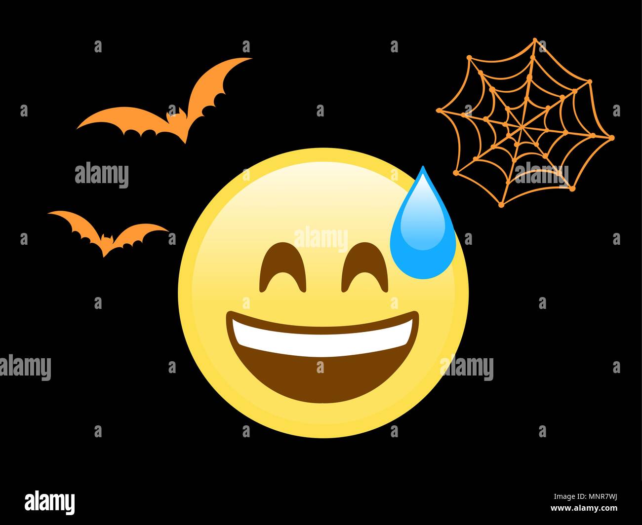 The isolated scary face flat icon with sweat, flying bat and spider net ...