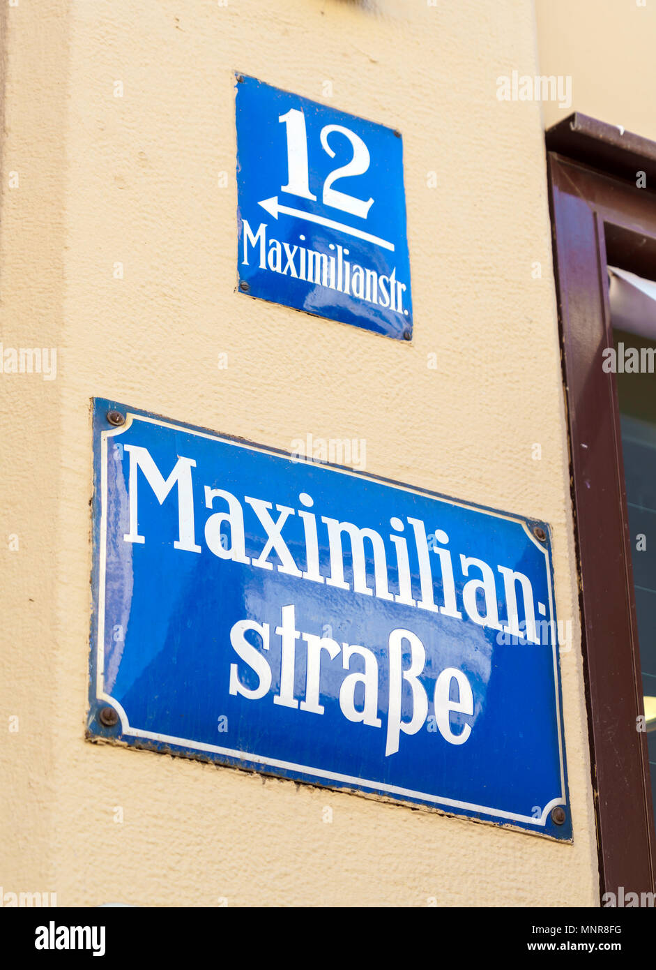 Street sign of Maximilianstrasse, main avenue of Munich, Germany Stock ...