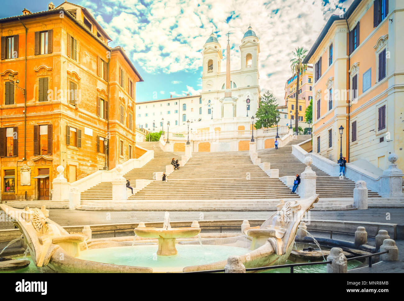 famous Spanish Steps with fountain with sunshine, Rome, Italy , toned ...