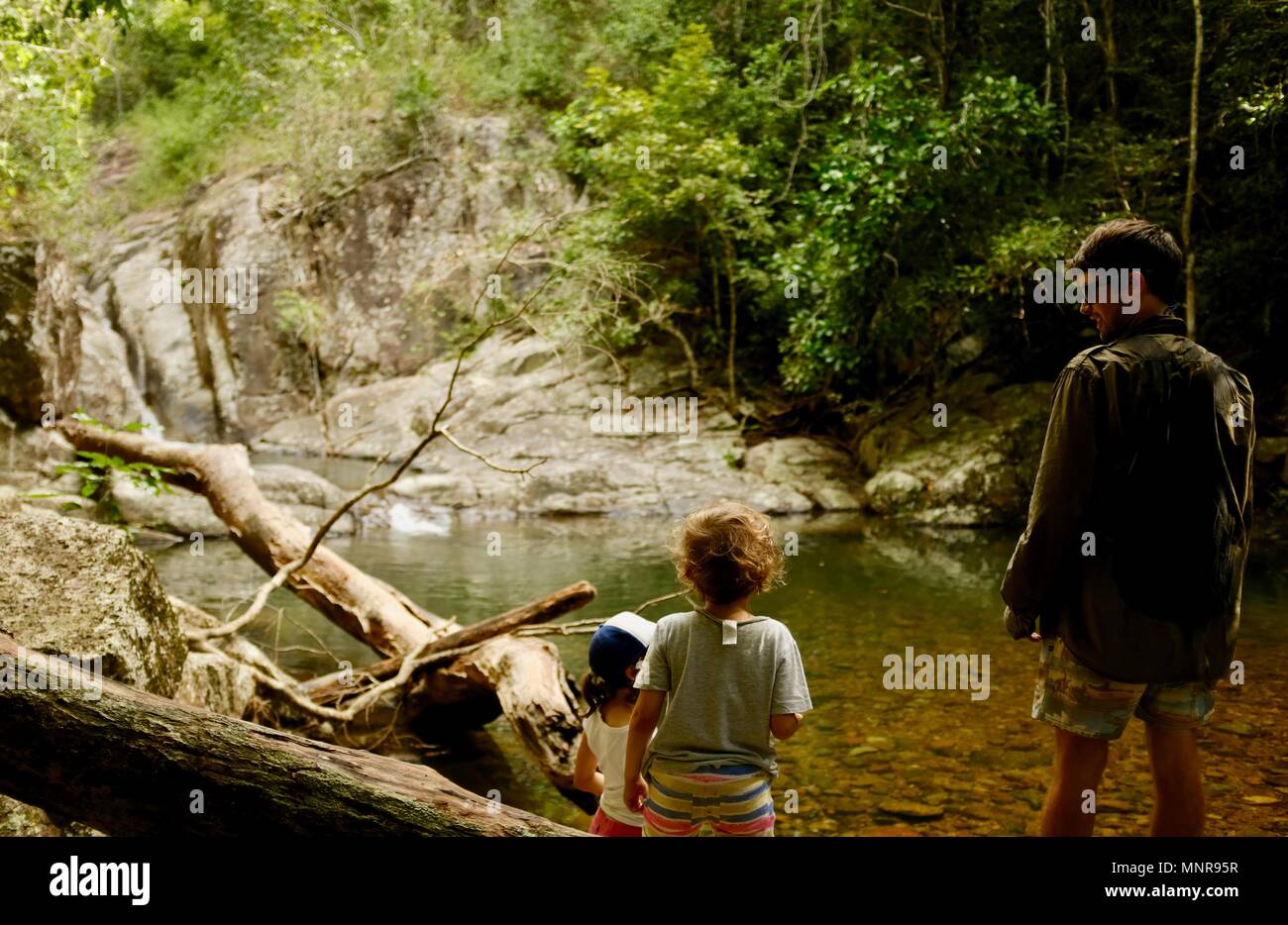 Father and daughters look at a waterfall in the Paluma range national ...