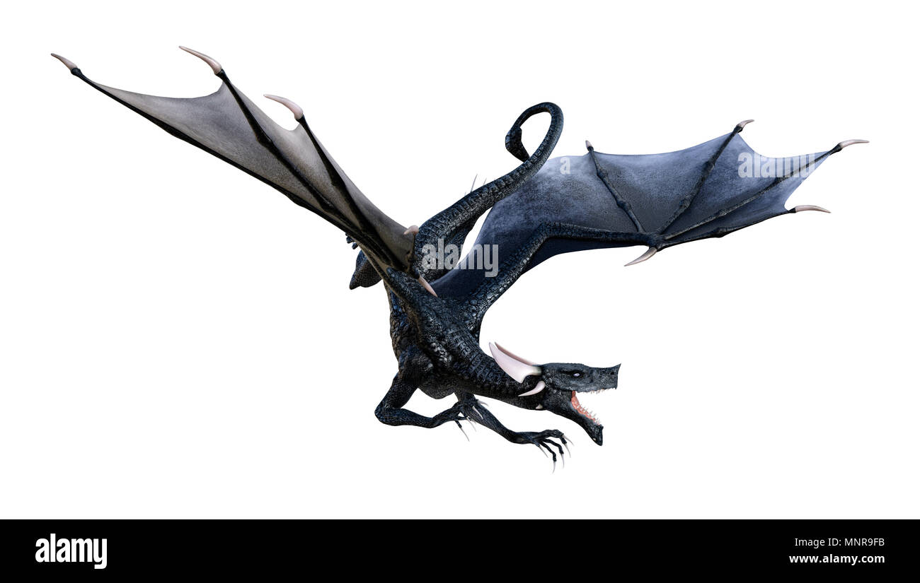 3D rendering of a black fantasy dragon isolated on white background ...