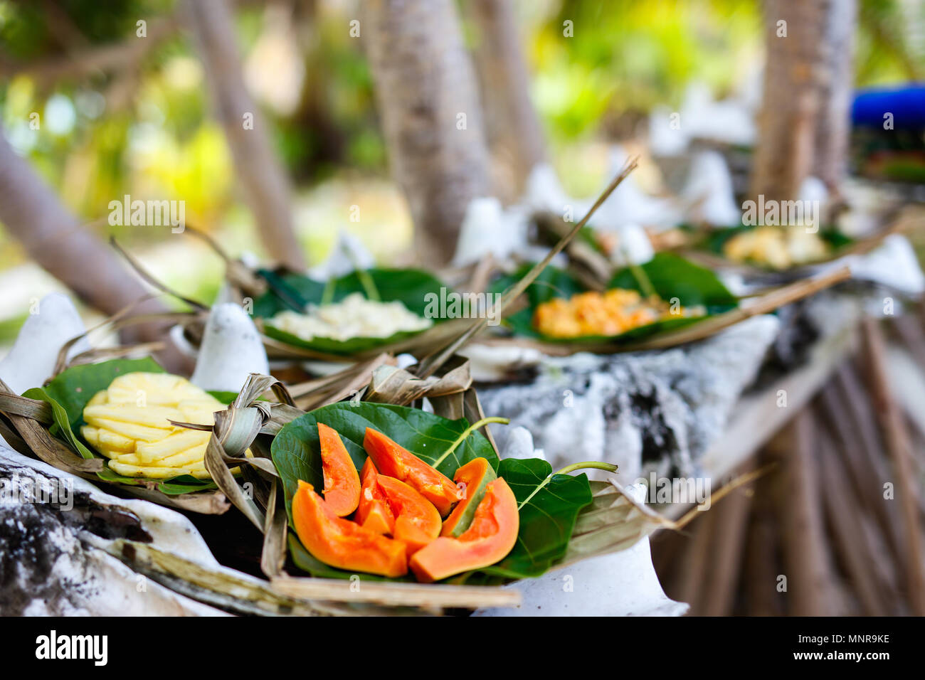 Close up of some local south pacific origin food served in giant shells ...