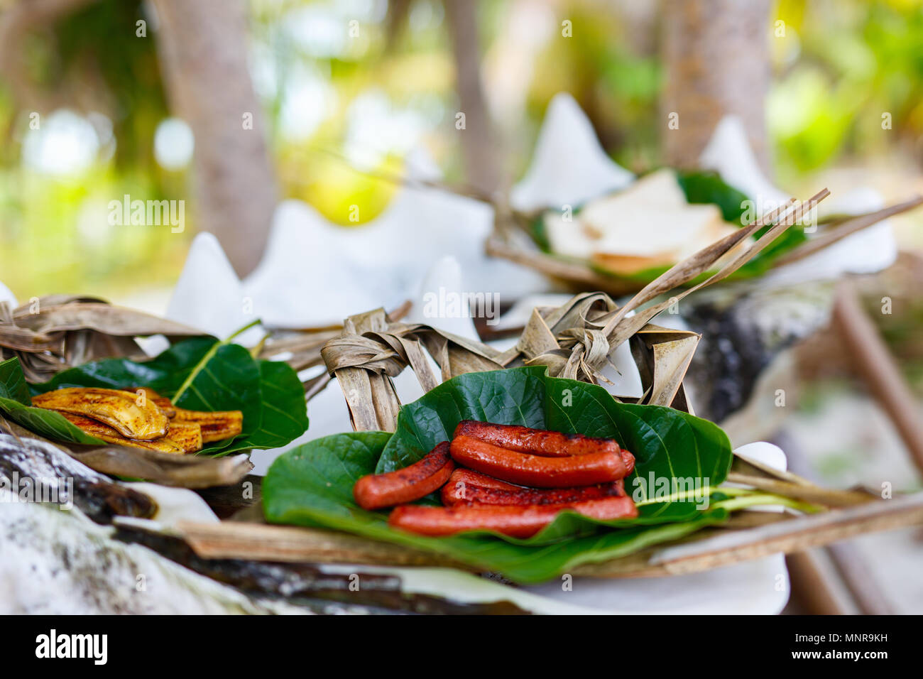 Close up of some local south pacific origin food served in giant shells ...