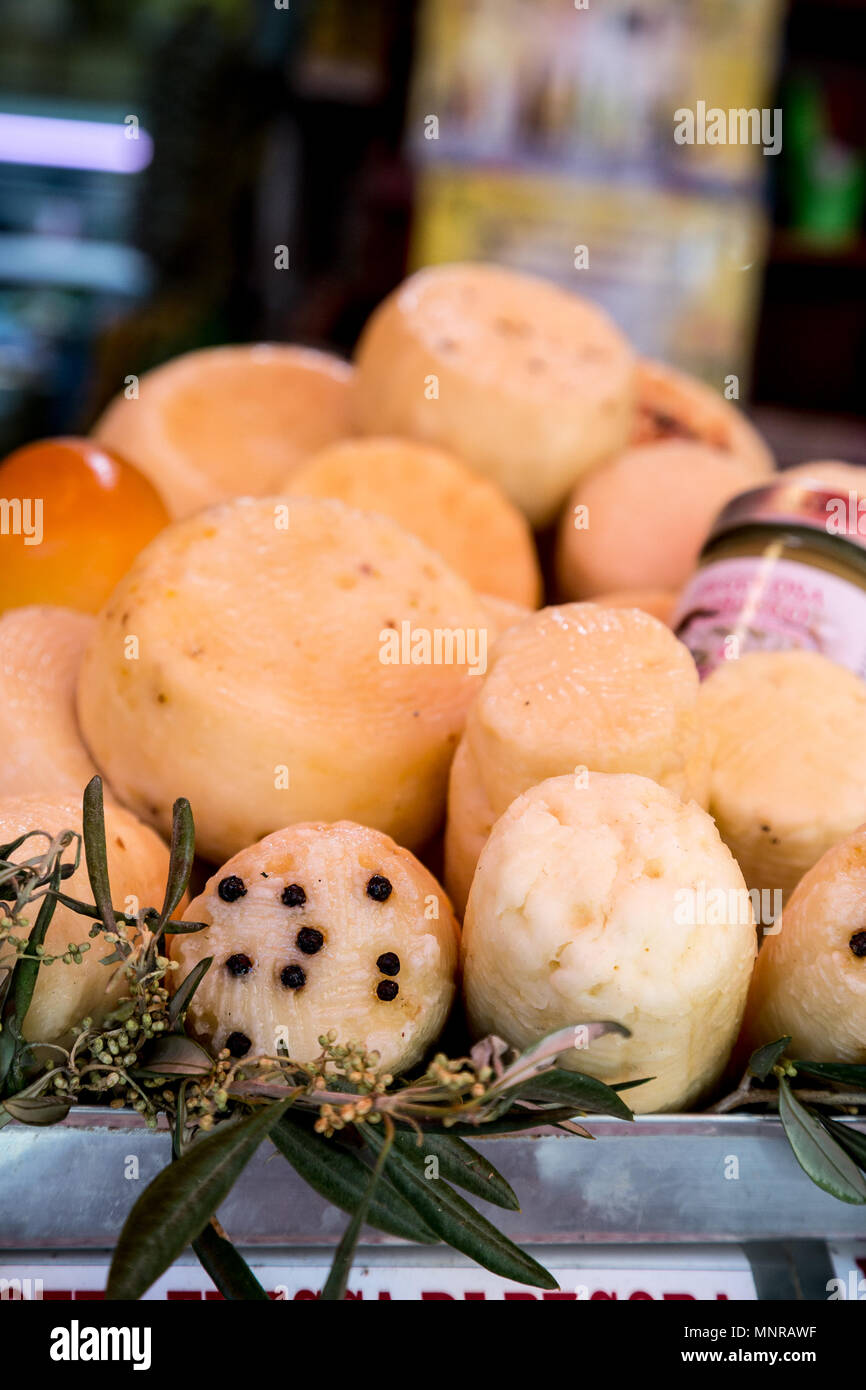 Traditional Italian cheese ready for sale on a market in Sicily Stock ...