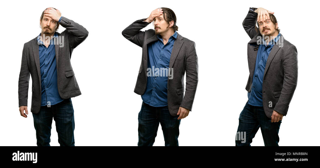 Handsome young man terrified and nervous expressing anxiety and panic ...