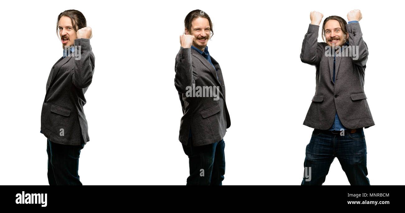 Handsome young man happy and excited expressing winning gesture ...