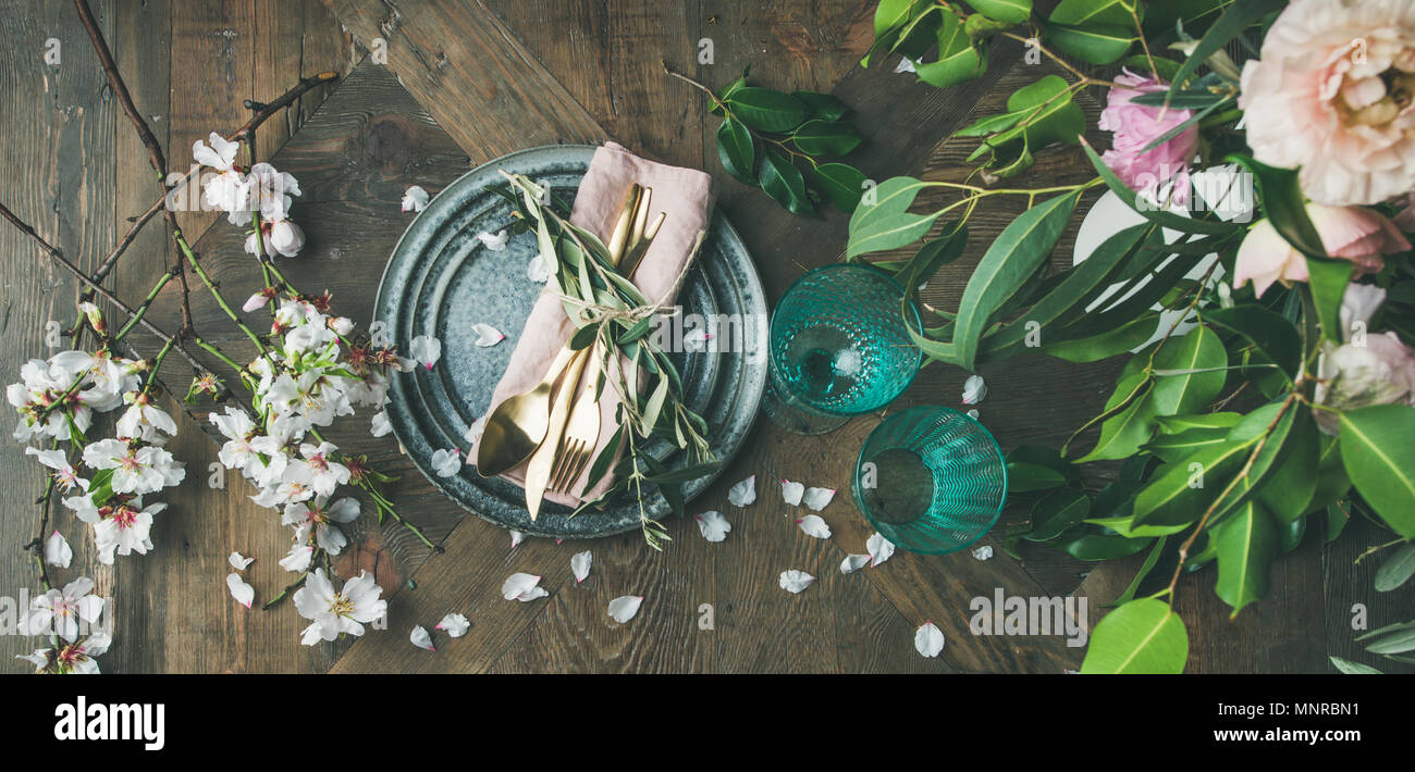 Flat-lay of Table setting with spring flowers Stock Photo - Alamy