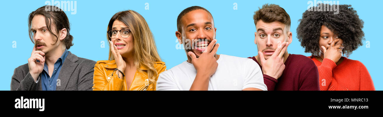 Group of mixed people, women and men scared in shock, expressing panic ...