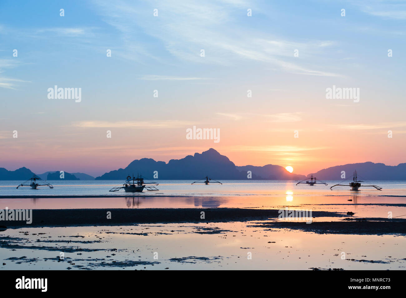 Sunset view from Corong Corong beach near El Nido, Bacuit archipelago ...