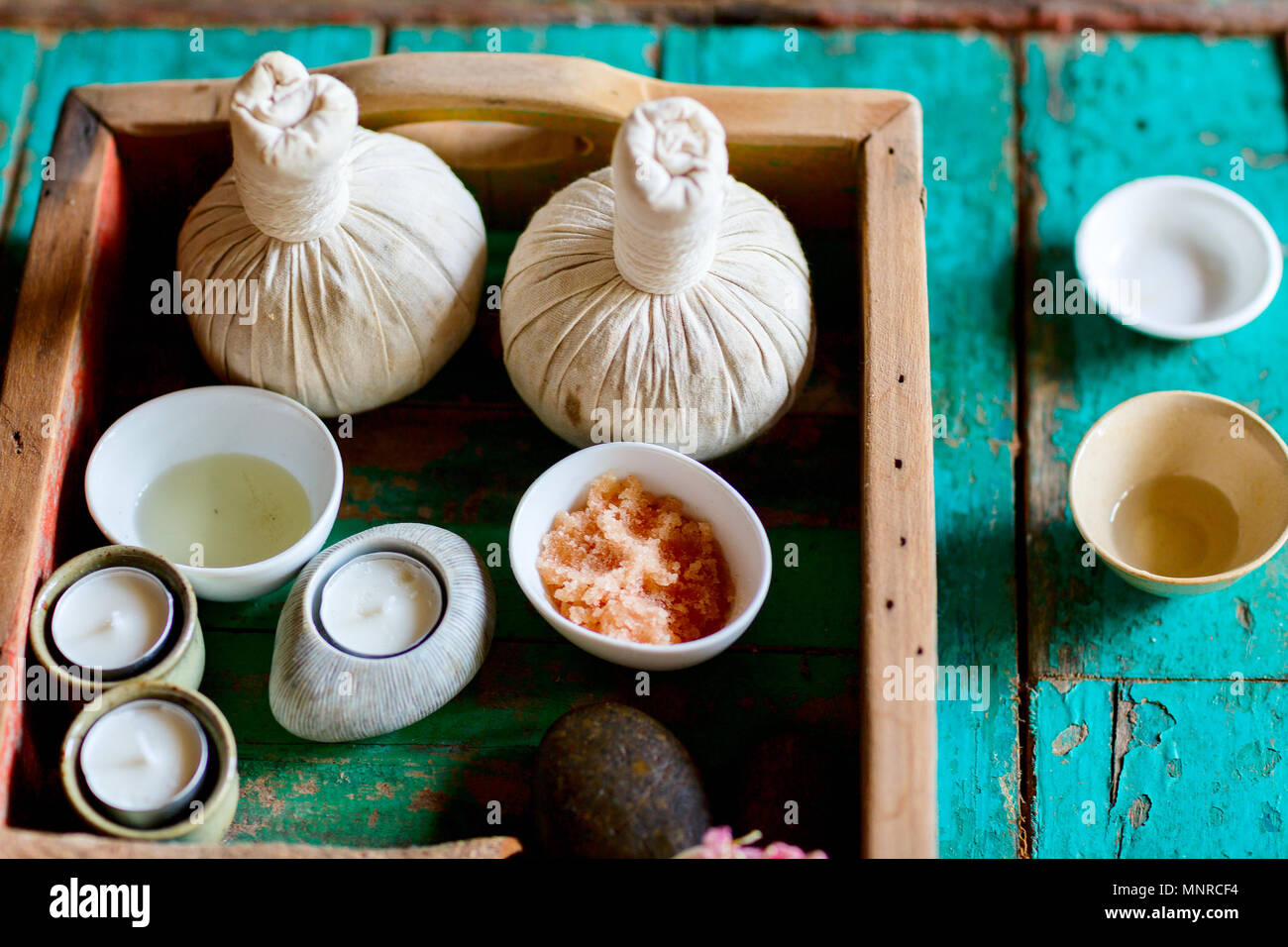 Spa massage tray treatment on old wooden background Stock Photo - Alamy