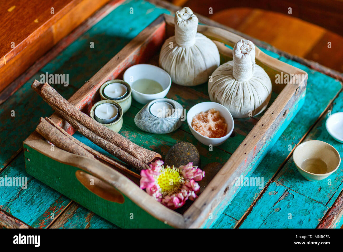 Spa massage tray treatment on old wooden background Stock Photo - Alamy