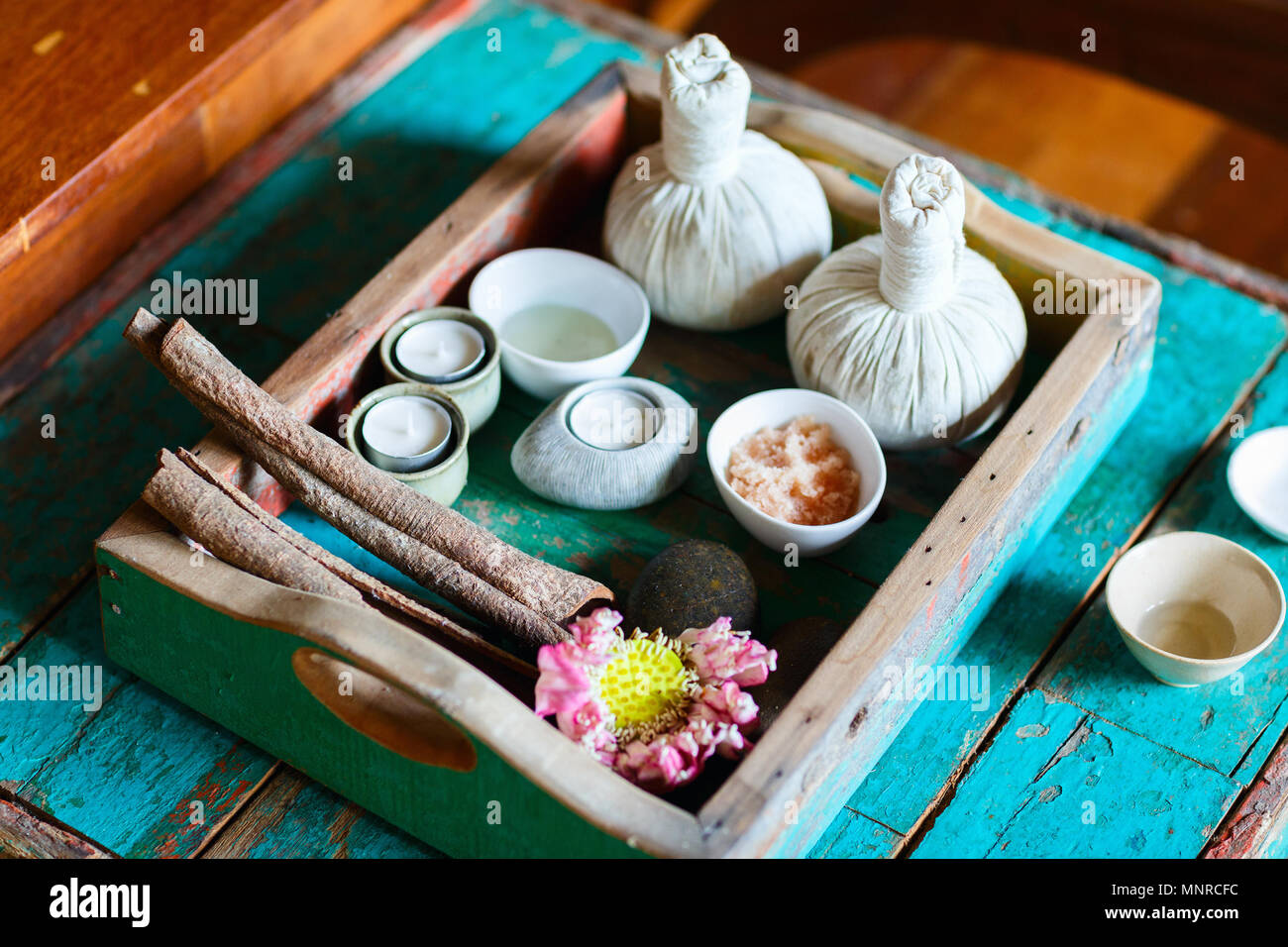 Spa massage tray treatment on old wooden background Stock Photo - Alamy