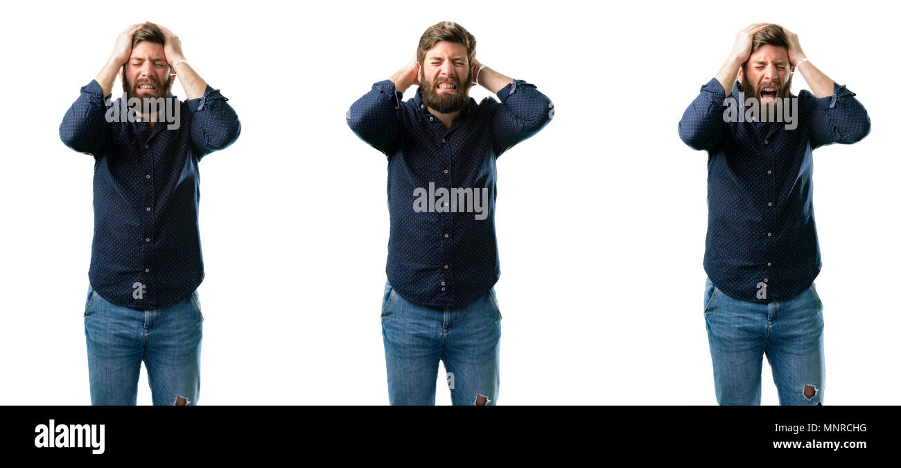 Young man with beard terrified and nervous expressing anxiety and panic ...