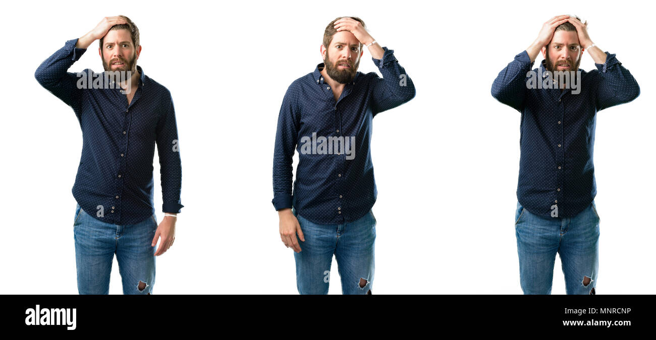 Young man with beard terrified and nervous expressing anxiety and panic ...