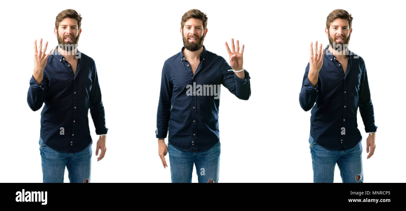 Young man with beard raising his finger, is the number four isolated ...